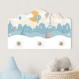 Bilderwelten Kindergarderobe Holz Paris mit Sternen und Hei&szlig;luftballon - Jungenzimmer Babyzimmer - Jungen Baby - Wandgarderobe