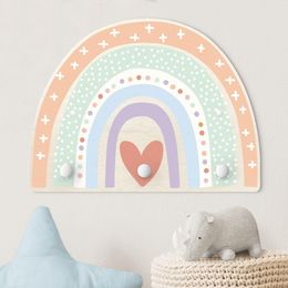 Bilderwelten Kindergarderobe Holz Regenbogen Punkte Herz Pastell - Mädchenzimmer Babyzimmer - Mädchen Baby - Wandgarderobe