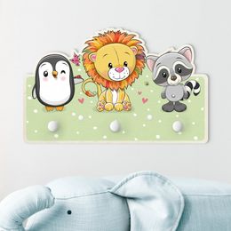 Bilderwelten Kindergarderobe Holz Pinguin L&ouml;we Waschb&auml;r - Kinderzimmer Babyzimmer - Jungen M&auml;dchen Baby - Wandgarderobe