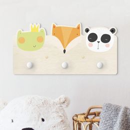 Bilderwelten Kindergarderobe Holz S&uuml;&szlig;er Zoo - Frosch Fuchs und Panda - Kinderzimmer Babyzimmer - Jungen M&auml;dchen Baby - Wandgarderobe