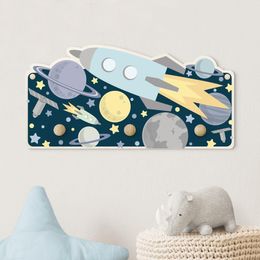 Bilderwelten Kindergarderobe blau Himmel Illustration Flurgarderobe - Rakete und Planeten - Himmel Kinderzimmer Flur