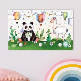 Bilderwelten Kindergarderobe Holz Panda und Lama Aquarell - Kinderzimmer Babyzimmer - Jungen M&auml;dchen Baby - Wandgarderobe