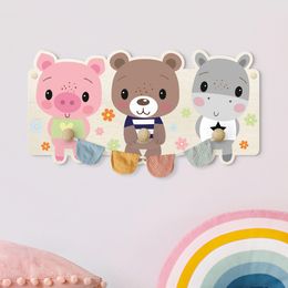 Bilderwelten Kindergarderobe Holz Schwein B&auml;r Nilpferd - Kinderzimmer Babyzimmer - Jungen M&auml;dchen Baby - Wandgarderobe