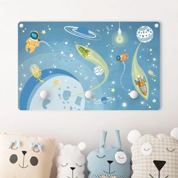 Bilderwelten Kindergarderobe blau Himmel Illustration Flurgarderobe - No.MW16 Buntes Weltraumtreiben - Himmel Kinderzimmer Flur