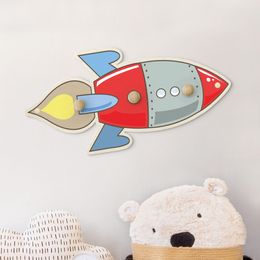 Bilderwelten Kindergarderobe Holz Rakete rot blau - Jungenzimmer Babyzimmer - Jungen Baby - Wandgarderobe