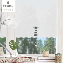 Bilderwelten Fensterfolie Strand modern Sichtschutz weiss - Sichtschutzfolie Rollo Optik Leuchtturm und Anker Maritim - Landschaft Wohnzimmer Schlafzimmer Küche