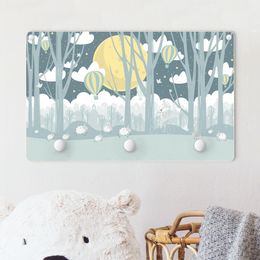 Bilderwelten Kindergarderobe blau Fahrzeuge Illustration Flurgarderobe - Mond mit B&auml;umen und H&auml;usern - Ballon Kinderzimmer Flur