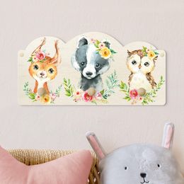 Bilderwelten Kindergarderobe Holz Aquarell Waldtiere mit Blumen III - Dachs Fuchs Eule - M&auml;dchenzimmer Babyzimmer - M&auml;dchen Baby - Wandgarderobe