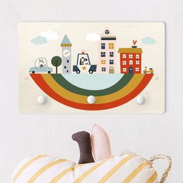 Bilderwelten Kindergarderobe Holz Inselstadt im Himmel - Kinderzimmer Babyzimmer - Jungen M&auml;dchen Baby - Wandgarderobe