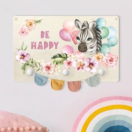 Bilderwelten Kindergarderobe Holz Aquarell Zebra - Be unique - Blumen Bl&uuml;ten - M&auml;dchenzimmer Babyzimmer - M&auml;dchen Baby - Wandgarderobe