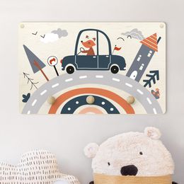 Bilderwelten Kindergarderobe Holz Fr&ouml;hlicher Fuchs am Steuer - Stra&szlig;e - Jungenzimmer Babyzimmer - Jungen Baby - Wandgarderobe