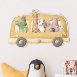 Bilderwelten Kindergarderobe Holz Bus voller Tiere Aquarell - Kinderzimmer Babyzimmer - Jungen M&auml;dchen Baby - Wandgarderobe