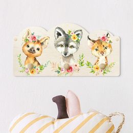 Bilderwelten Kindergarderobe Holz Aquarell Waldtiere mit Blumen II - M&auml;dchen Baby - M&auml;dchenzimmer Babyzimmer - Wandgarderobe