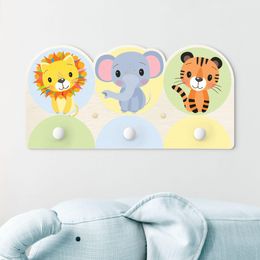 Bilderwelten Kindergarderobe Holz L&ouml;we Elefant Tiger - Kinderzimmer Babyzimmer - Jungen M&auml;dchen Baby - Wandgarderobe
