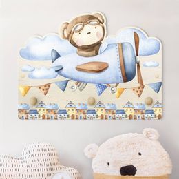 Bilderwelten Kindergarderobe Holz Aquarell Tierpilot Teddy - Flugzeug - B&auml;r - Jungenzimmer Babyzimmer - Junegn Baby - Wandgarderobe