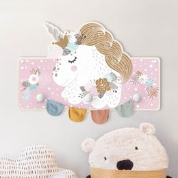 Bilderwelten Kindergarderobe rosa Tiere Digital Art Flurgarderobe - Florales Einhorn rosa - Punkte Kinderzimmer Flur