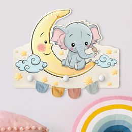Bilderwelten Kindergarderobe Holz Elefant Mond - Kinderzimmer Babyzimmer - Jungen M&auml;dchen Baby - Wandgarderobe