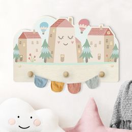 Bilderwelten Kindergarderobe Holz H&auml;user und Hei&szlig;luftballons - Kinderzimmer Babyzimmer - Jungen M&auml;dchen Baby - Wandgarderobe