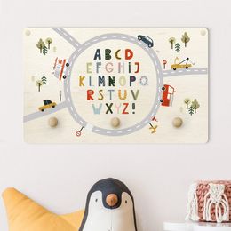 Bilderwelten Kindergarderobe Holz Buntes Alphabet im Kreisverkehr - Autos Stra&szlig;e - Jungenzimmer Babyzimmer - Jungen Baby - Wandgarderobe