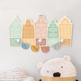 Bilderwelten Kindergarderobe Holz H&auml;user Siedlung - Kinderzimmer Babyzimmer - Jungen M&auml;dchen Baby - Wandgarderobe