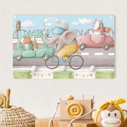Bilderwelten Kindergarderobe Holz Aquarell Sausewind Miro auf dem Rad - Elefant Zebra Fuchs - Kinderzimmer Babyzimmer - M&auml;dchen Jungen Baby - Wandgarderobe