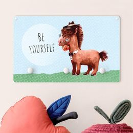Bilderwelten Kindergarderobe Holz Bebrilltes Pony mit Spruch Be Yourself - Pferd - Kinderzimmer babyzimmer - M&auml;dchen Junge Baby - Wandgarderobe