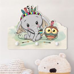 Bilderwelten Kindergarderobe bunt Tiere Digital Art Flurgarderobe - Indianer Elefant mit Eule - Indianer Kinderzimmer Flur