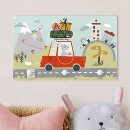 Bilderwelten Kindergarderobe Holz Der Umzugshase - Auto Stra&szlig;e - Kinderzimmer Babyzimmer - Jungen M&auml;dchen Baby - Wandgarderobe