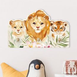 Bilderwelten Kindergarderobe Holz Aquarell Raubkatzen Tiger L&ouml;wen - Safari - M&auml;dchenzimmer Babyzimmer - M&auml;dchen Baby - Wandgarderobe