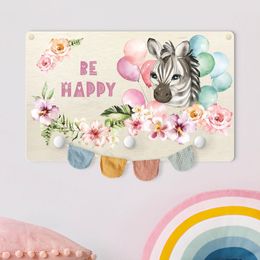 Bilderwelten Kindergarderobe Holz Aquarell Zebra - Be unique - Blumen Bl&uuml;ten - M&auml;dchenzimmer Babyzimmer - M&auml;dchen Baby - Wandgarderobe