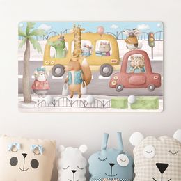 Bilderwelten Kindergarderobe Holz Aquarell Feierabend in Pfotenhausen - Tiere - Kinderzimmer Babyzimmer - M&auml;dchen Jungen Baby - Wandgarderobe