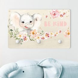 Bilderwelten Kindergarderobe Holz Aquarell Elefant - Be kind - Blumen - M&auml;dchenzimmer Babyzimmer - M&auml;dchen Baby - Wandgarderobe