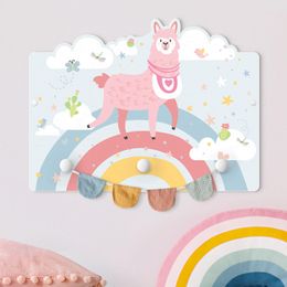 Bilderwelten Kindergarderobe bunt Tiere Illustration texto personalizado - Lama auf Regenbogen mit Sternen und P&uuml;nktchen - Regenbogen Kinderzimmer Flur