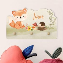 Bilderwelten Kindergarderobe gr&uuml;n Tiere Illustration texto personalizado - Aquarell Waldtier Fuchs mit Wunschname - Name Kinderzimmer Flur