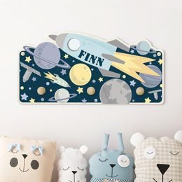 Bilderwelten Kindergarderobe blau Himmel Illustration texto personalizado - Rakete und Planeten mit Wunschnamen - Himmel Kinderzimmer Flur