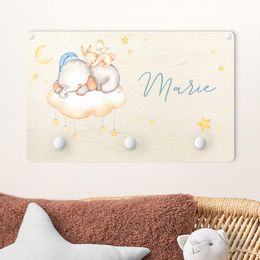 Bilderwelten Kindergarderobe gelb Tiere Illustration texto personalizado - Schlafende Tierfreunde bei Nacht mit Wunschname - Himmel Kinderzimmer Flur
