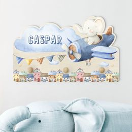 Bilderwelten Kindergarderobe blau Tiere Illustration texto personalizado - Aquarell Tierpilot Elefant mit Wunschname - Elefant Kinderzimmer Flur