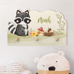 Bilderwelten Kindergarderobe gr&uuml;n Tiere Illustration texto personalizado - Aquarell Waldtier Waschb&auml;r mit Wunschname - Name Kinderzimmer Flur
