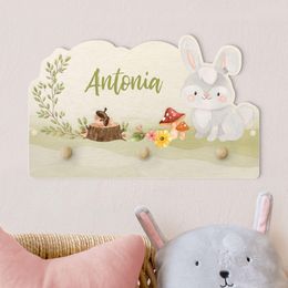 Bilderwelten Kindergarderobe gr&uuml;n Tiere Illustration texto personalizado - Aquarell Waldtier Hase mit Wunschname - Name Kinderzimmer Flur