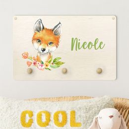 Bilderwelten Kindergarderobe orange Blumen Illustration texto personalizado - Waldtier Fuchsbaby mit Wunschname - Name Kinderzimmer Flur
