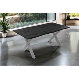 Esstisch 180x90 cm Baumkante Holz Grau-Optik X-Gestell Metall silber JOSY