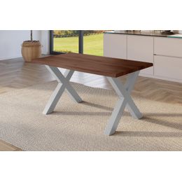 Esstisch 140x80 cm Baumkante Holz Nussbaum-Optik X-Gestell Metall silber JULIUS