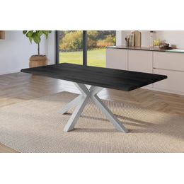 Esstisch 180x90 cm Baumkante Holz Grau-Optik Spider-Gestell Metall silber JULIUS