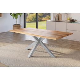 Esstisch 220x100 cm Baumkante Holz Wildeiche-Optik Spider-Gestell Metall silber JULIUS