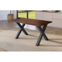 Esstisch 160x85 cm Baumkante Holz Nussbaum-Optik X-Gestell Metall schwarz JULIUS