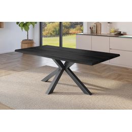 Esstisch 200x100 cm Baumkante Holz Grau-Optik Spider-Gestell Metall schwarz JULIUS