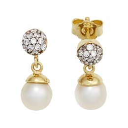 Jobo Damen Perlenohrringe, Gelbgold 333 Perlen, gold, Gelbgold 333, Perlen, Ohrringe, 333 Gold bicolor 2 S&uuml;&szlig;wasser Perlen und 26 Zirkonia