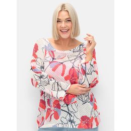 sheego Damen 3/4 Arm-Pullover "Pullover", beige, Gr. 52, bedruckt, gebl&uuml;mt, gemustert, mehrfarbig, 100% Baumwolle, Pullover