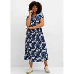 Druckkleid sheego "Druckkleid", Damen, Gr. 46, Normalgr&ouml;&szlig;en, blau (tiefblau, gemustert), 100% Viskose, gebl&uuml;mt, gemustert, lang, V-Ausschnitt, Kleider Druckkleid