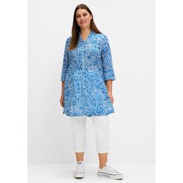 Longbluse sheego, Damen, Gr. 48, kobalt, gemustert, 100% Baumwolle, bedruckt, geblümt, gemustert, mehrfarbig, Blusen Longbluse